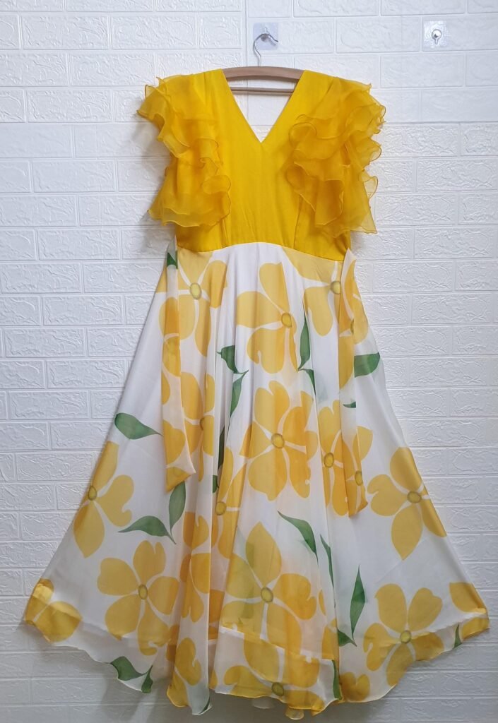 Floral Organza Yellow color Frock - SSQueensWardrobe
